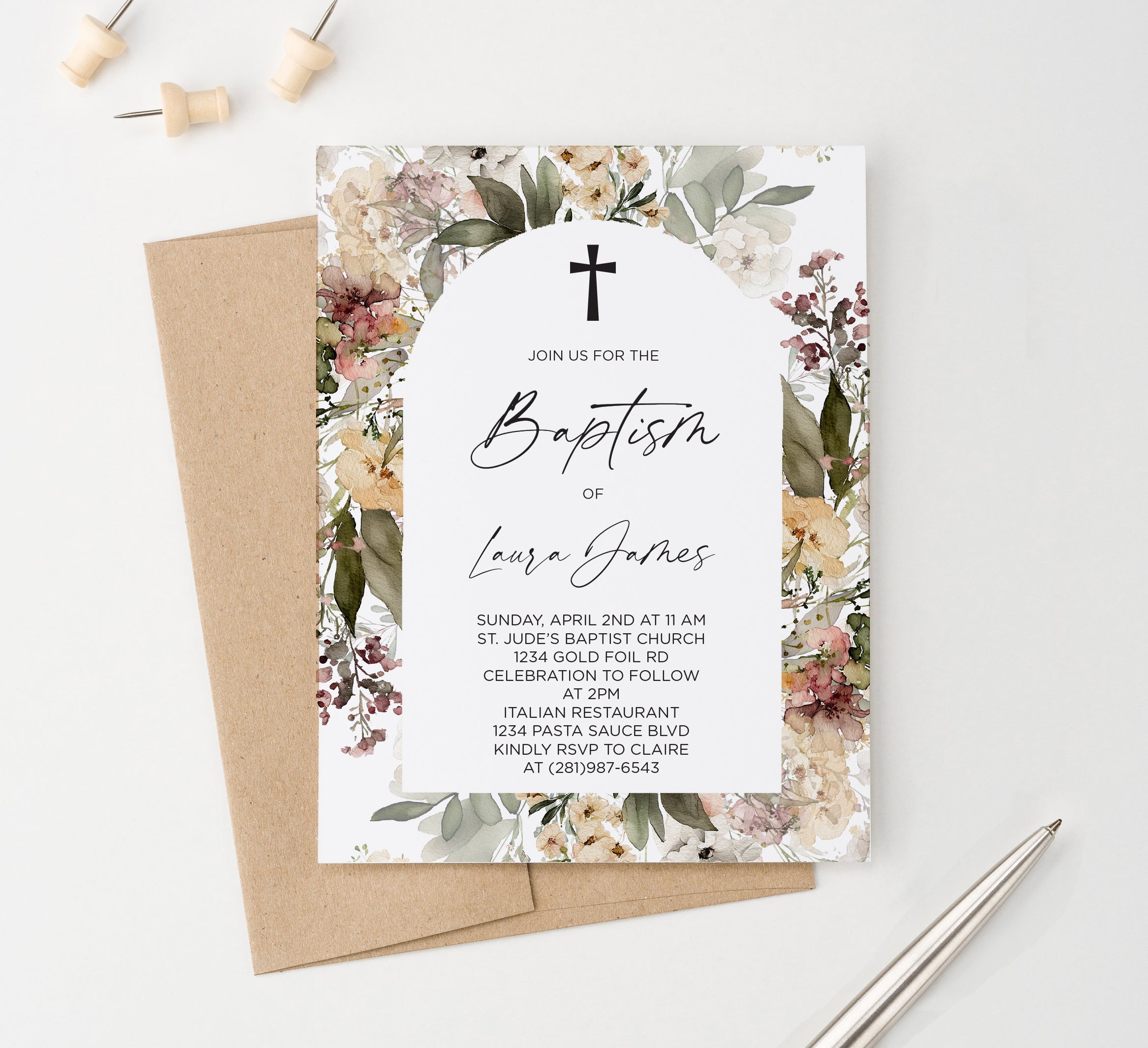 Elegant Baptism Invitations With Floral Arch - Modern Pink Paper