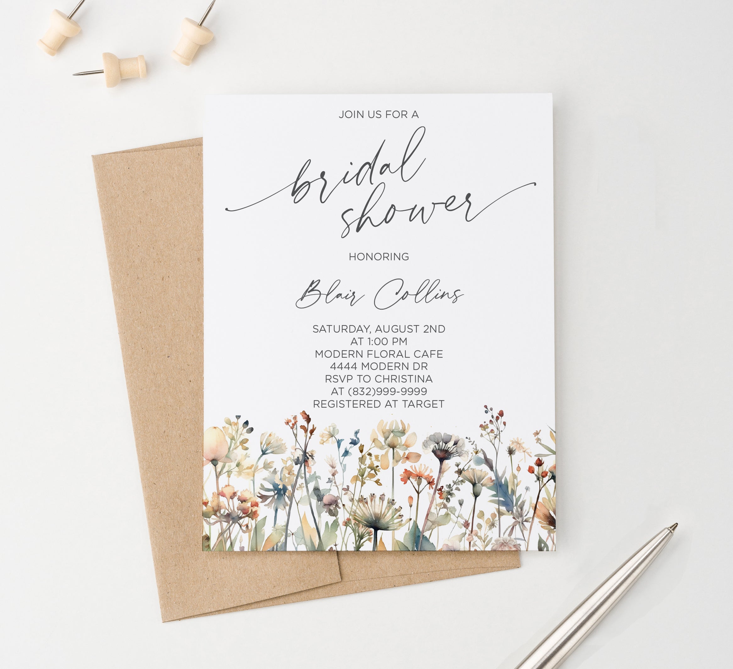 Personalized Bridal Shower Invitations With Wildflowers - Modern Pink Paper