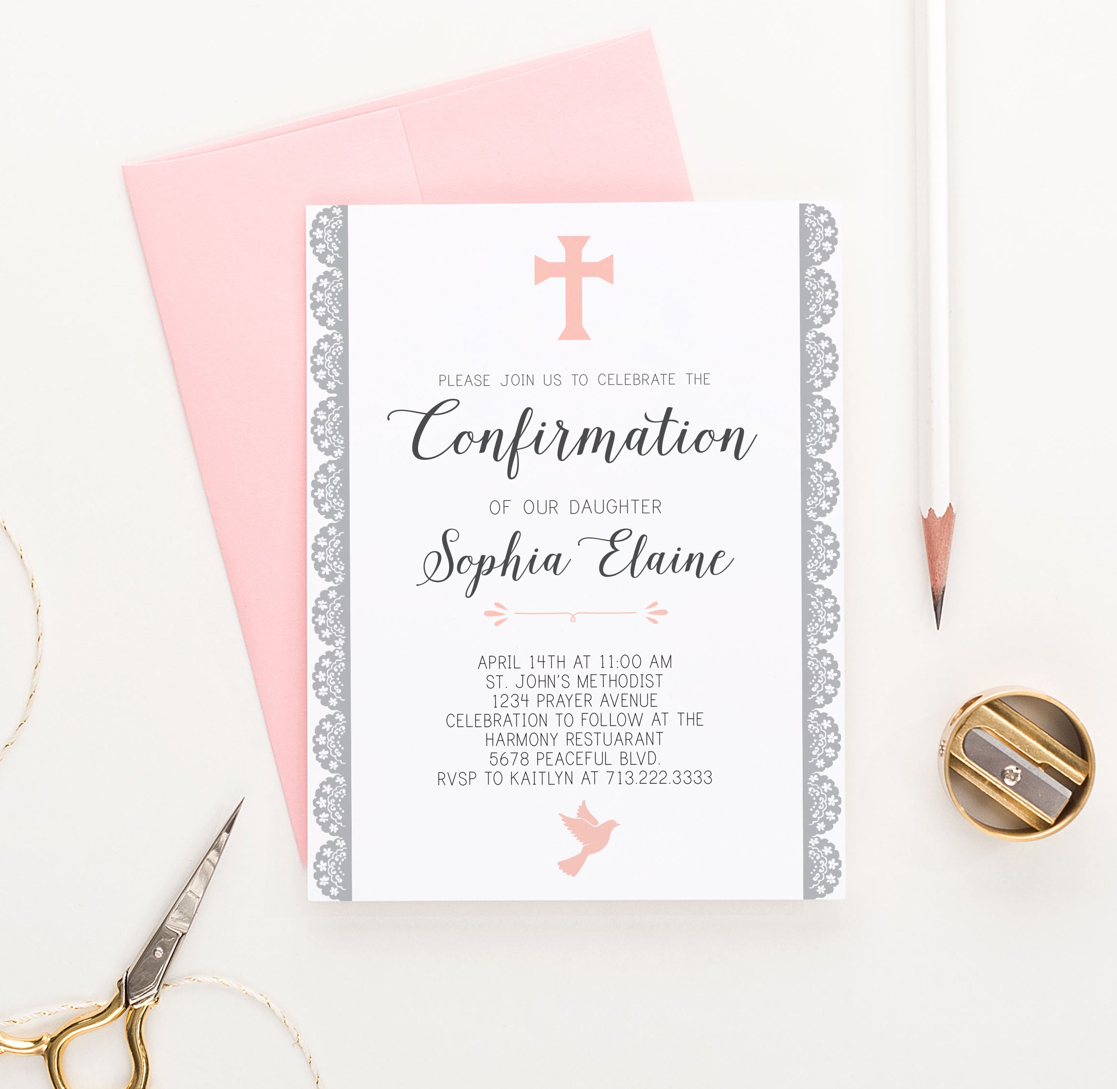 Personalized Pink Confirmation Invitation Cards With Lace - Modern Pink ...