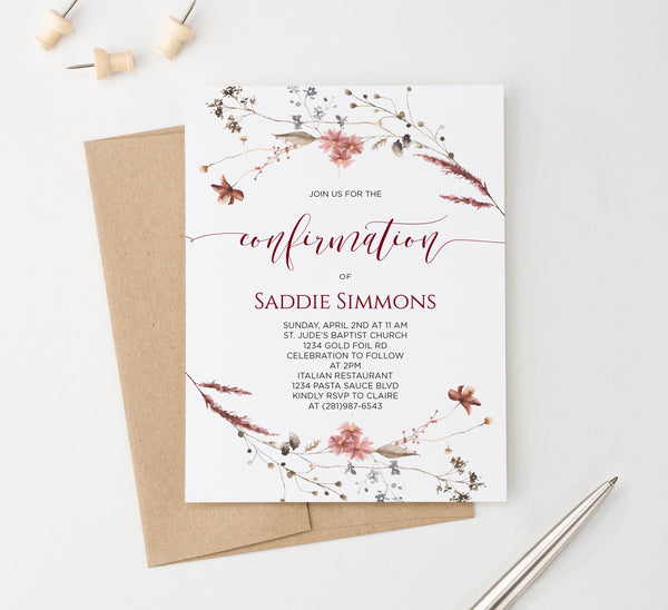 Rustic Wildflower Confirmation Invite Card - Modern Pink Paper