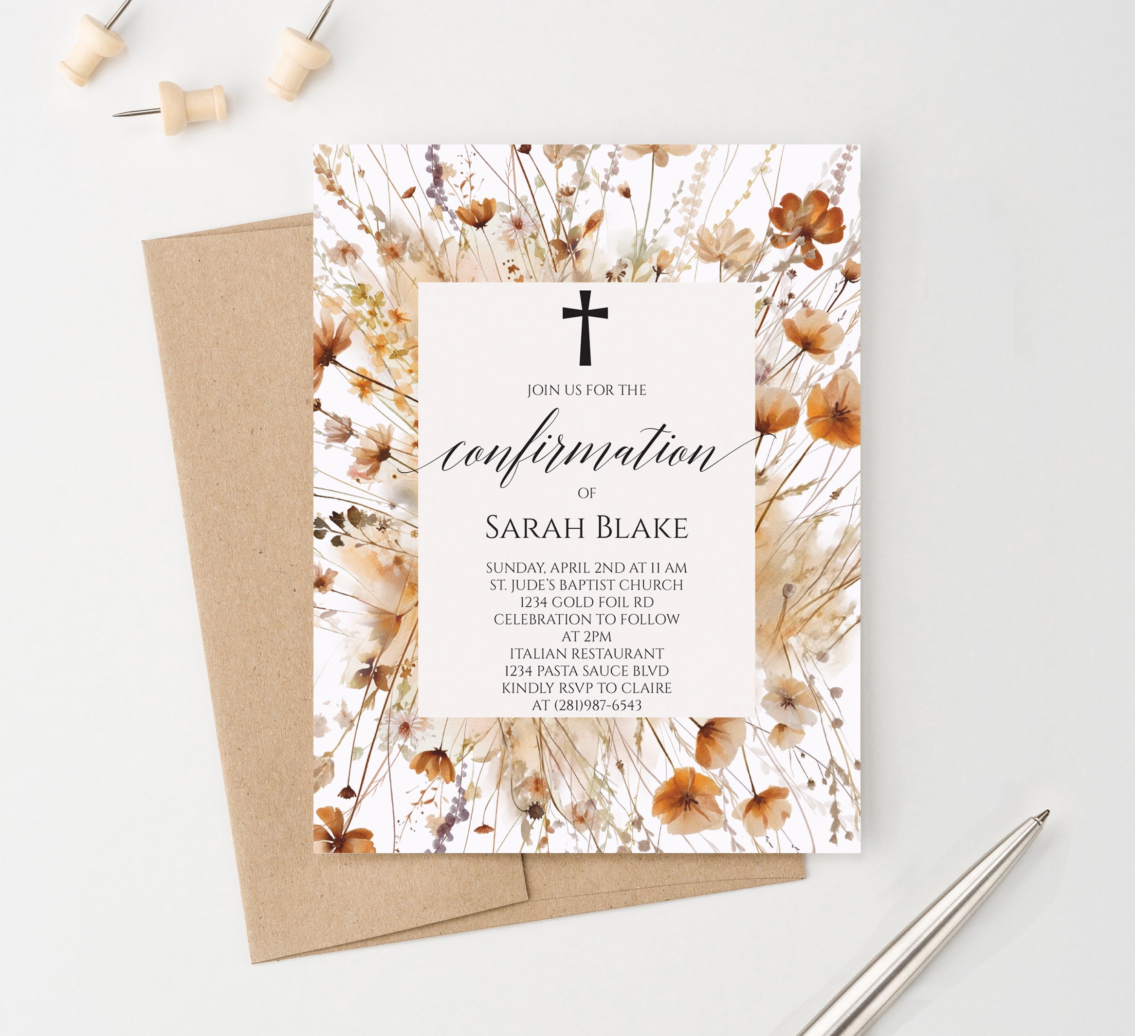 Boho Holy Confirmation Invitation With Fall Wildflowers - Modern Pink Paper