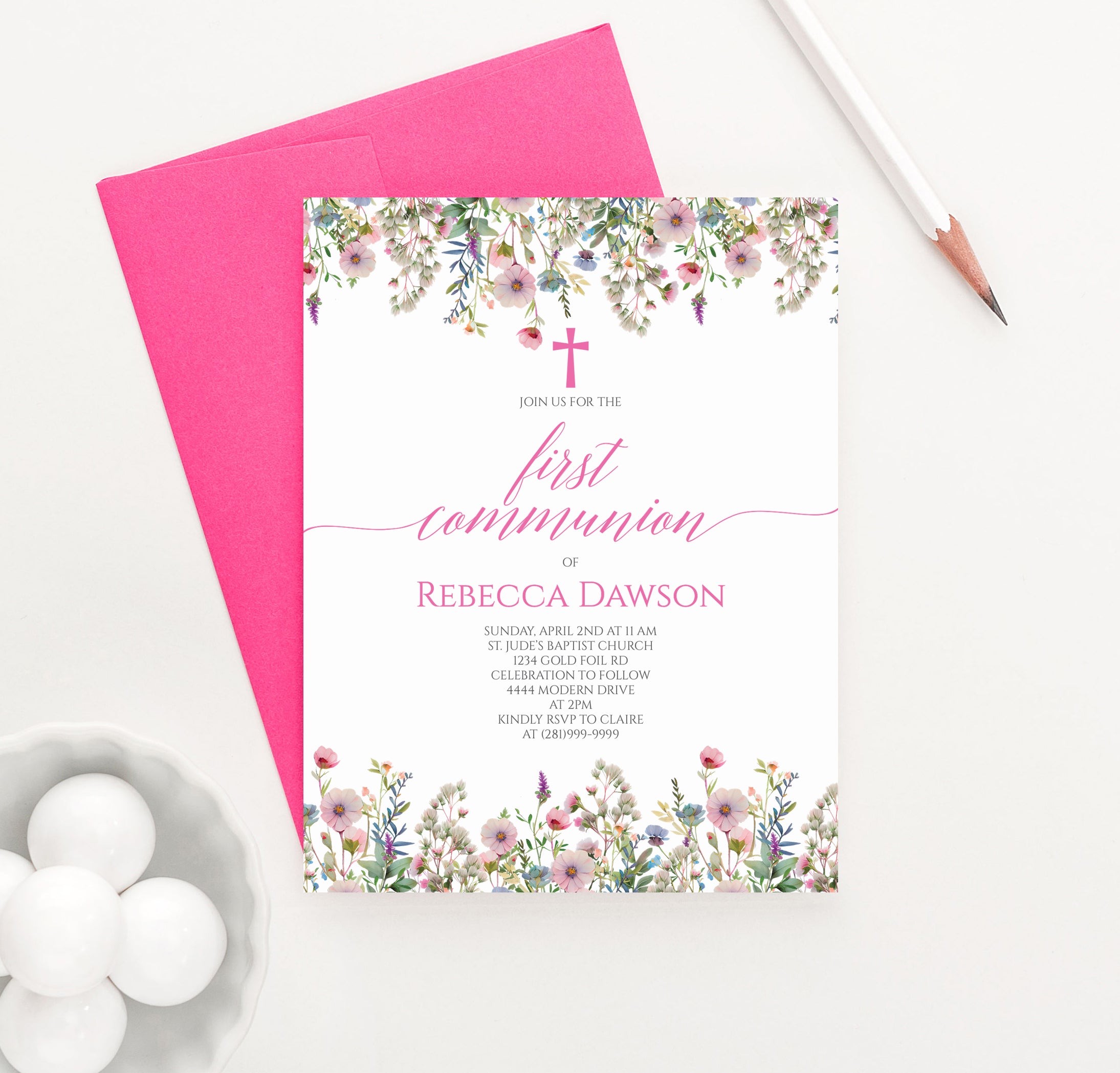 Personalized Communion Invitations With Pink Florals - Modern Pink Paper
