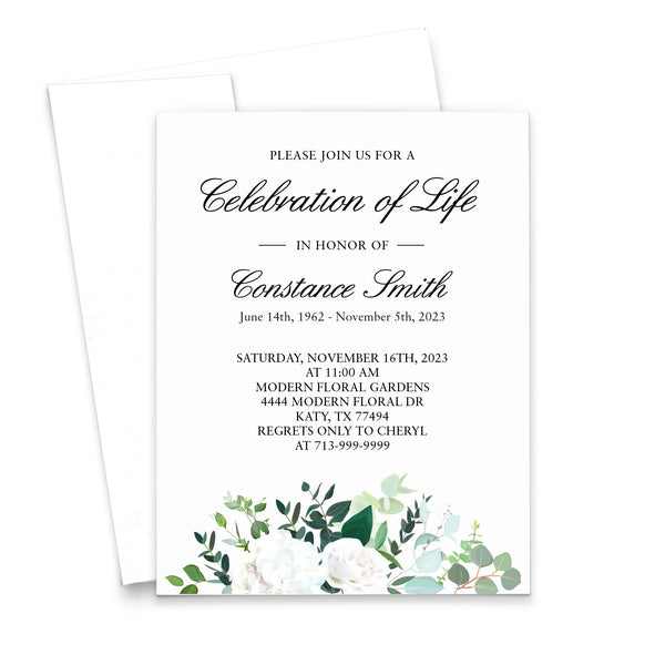 White Floral Personalised Funeral Invitations With Greenery - Modern ...