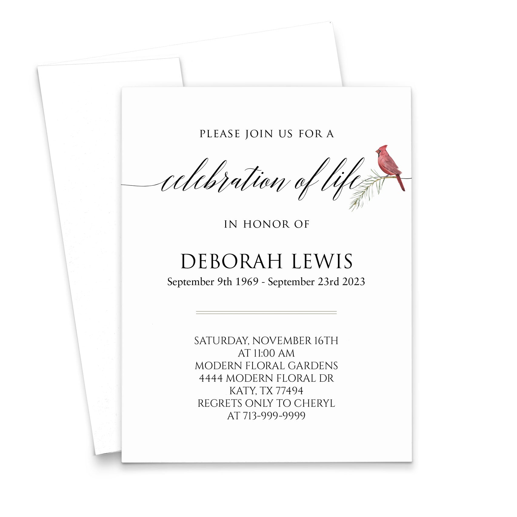 Classic Funeral Invitation Cards With Red Cardinals - Modern Pink Paper