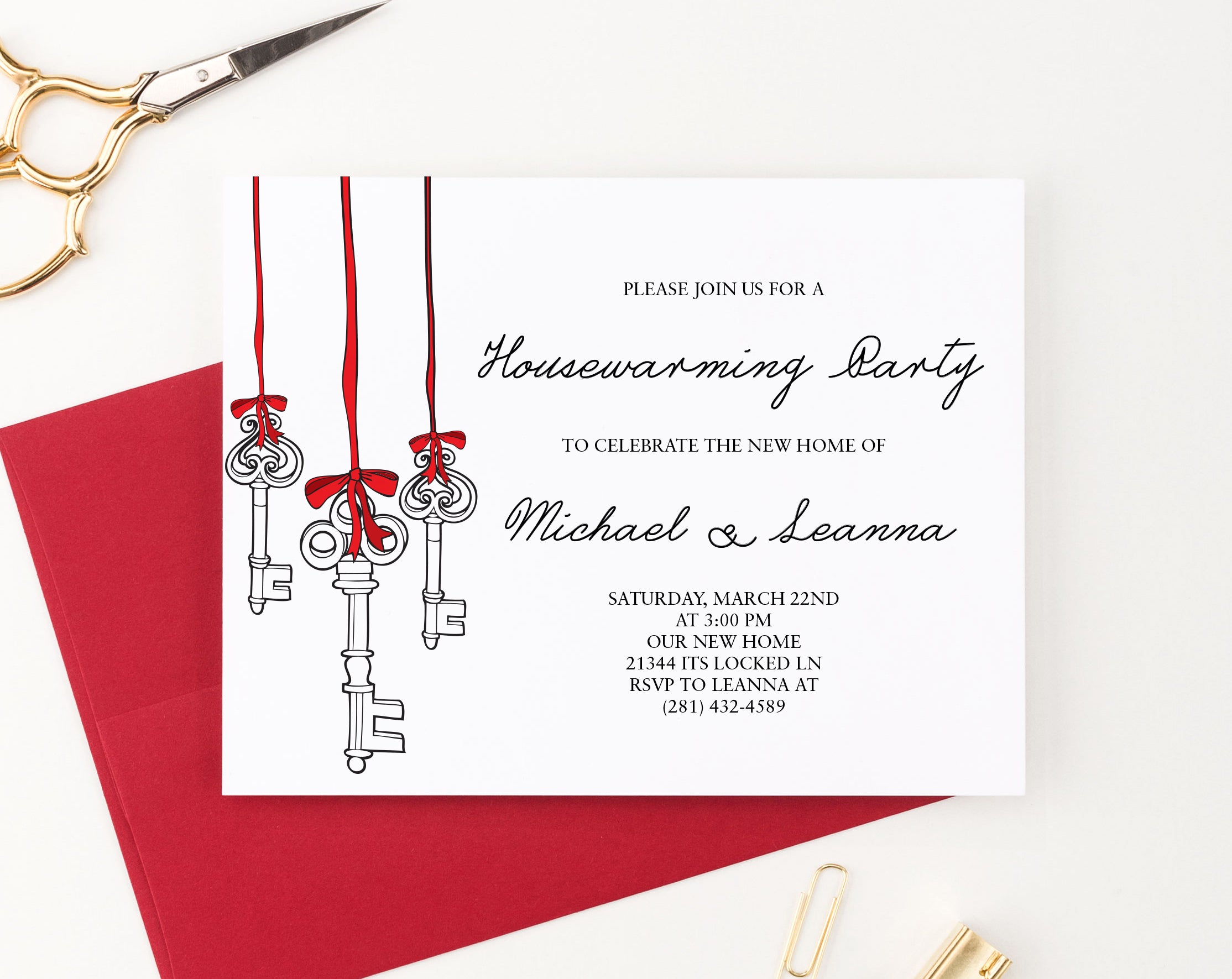 Personalized Antique Keys With Red Ribbon Housewarming Invitations ...