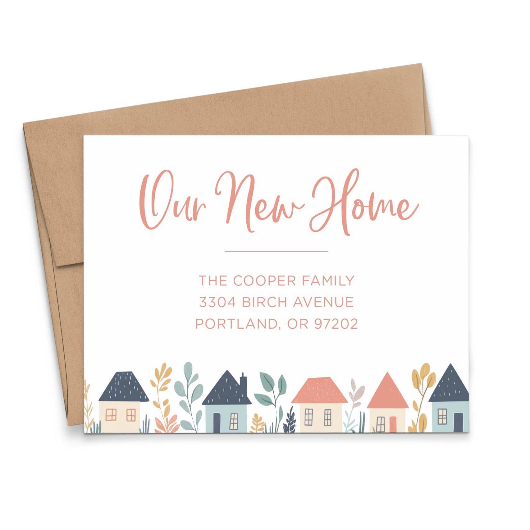 Our New Home Announcement Cards With Colorful Houses - Modern Pink Paper