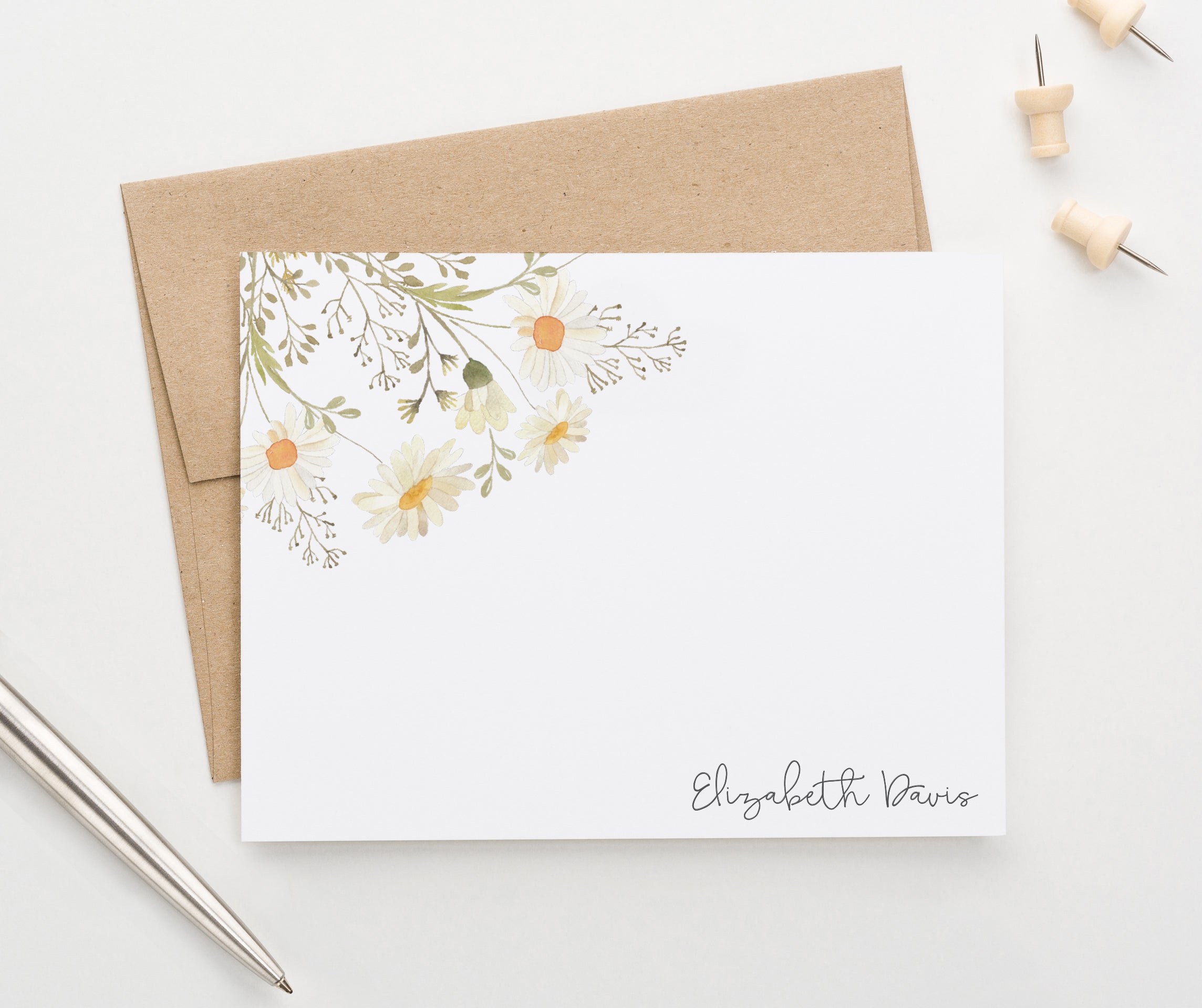 White Wildflower Custom Printed Note Cards - Modern Pink Paper