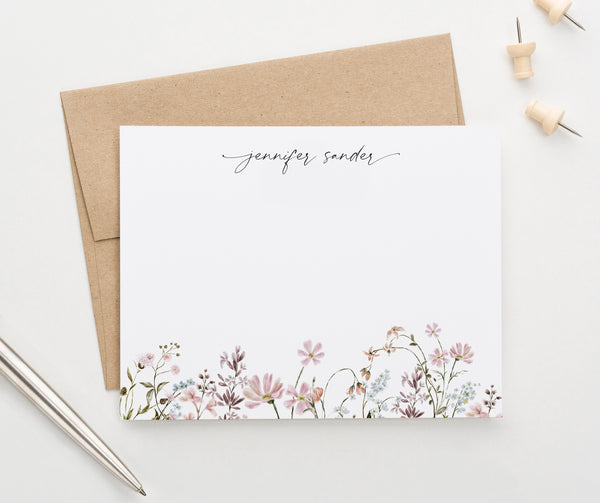 Soft Pink Wildflower Notecards Personalized - Modern Pink Paper
