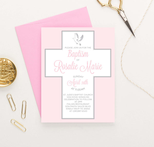 Pink And Grey Personalized Baptism Invites With Cross - Modern Pink Paper