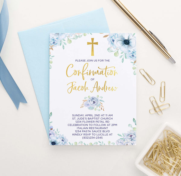 Personalized Gold Confirmation Invitation Cards With Blue Florals ...