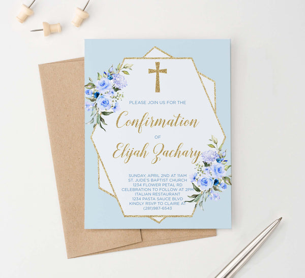 Blue And Gold Confirmation Invite Card With Florals Personalized ...