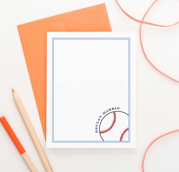 Personalized Baseball Note Cards with Border - Modern Pink Paper