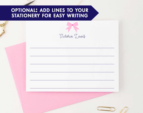 Personalized Cute Bow Note Cards for Girls - Modern Pink Paper