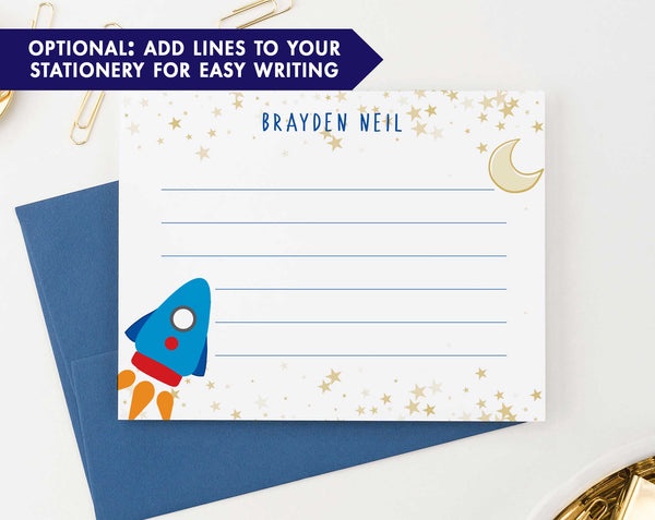 Personalized Rocket Ship Stationery Set with Gold Stars - Modern Pink Paper