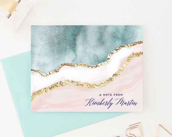 Elegant Blue And Gold Personalized Folded Note Cards - Modern Pink Paper