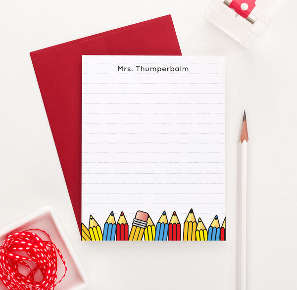 Personalized Cute Teacher Stationery with Pencils - Modern Pink Paper