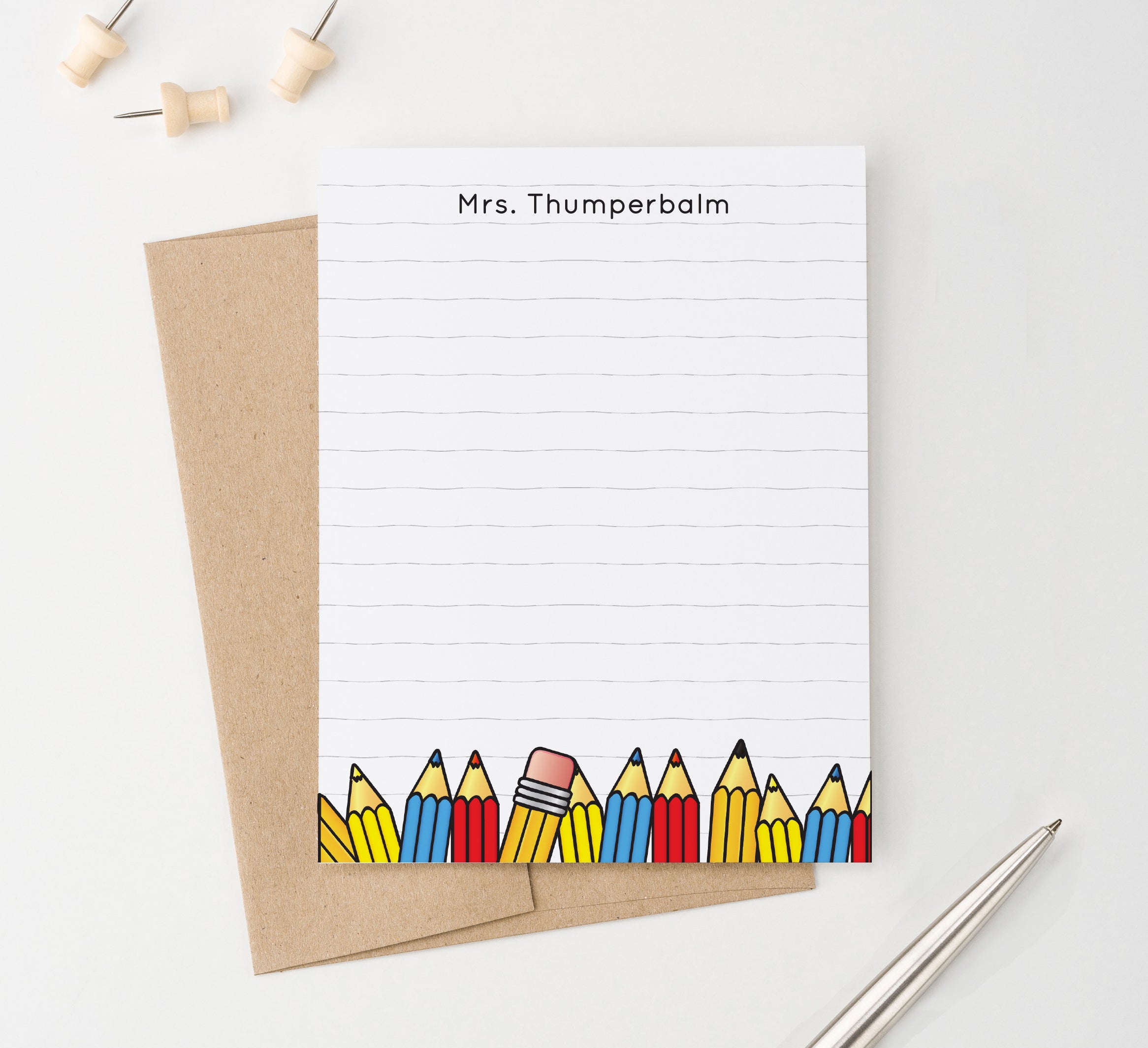 Personalized Cute Teacher Stationery with Pencils - Modern Pink Paper
