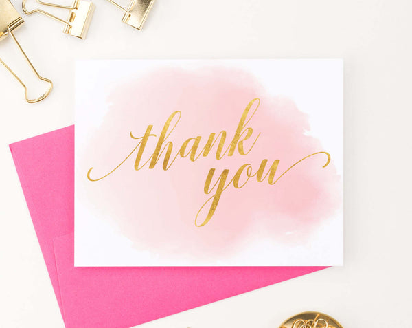 Pink Watercolor Gold Thank You Notes - Modern Pink Paper
