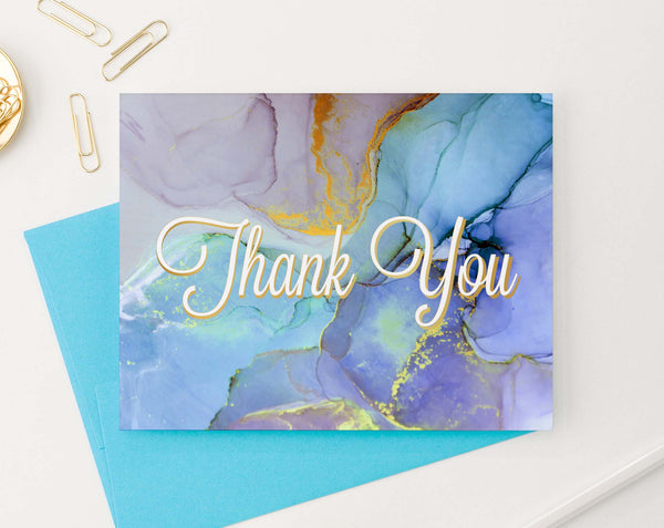 Colorful Watercolor Marble Folded Thank You Notes - Modern Pink Paper