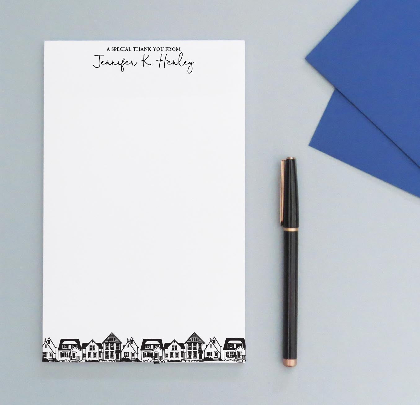 Personalized Real Estate Notepad with Houses - Modern Pink Paper